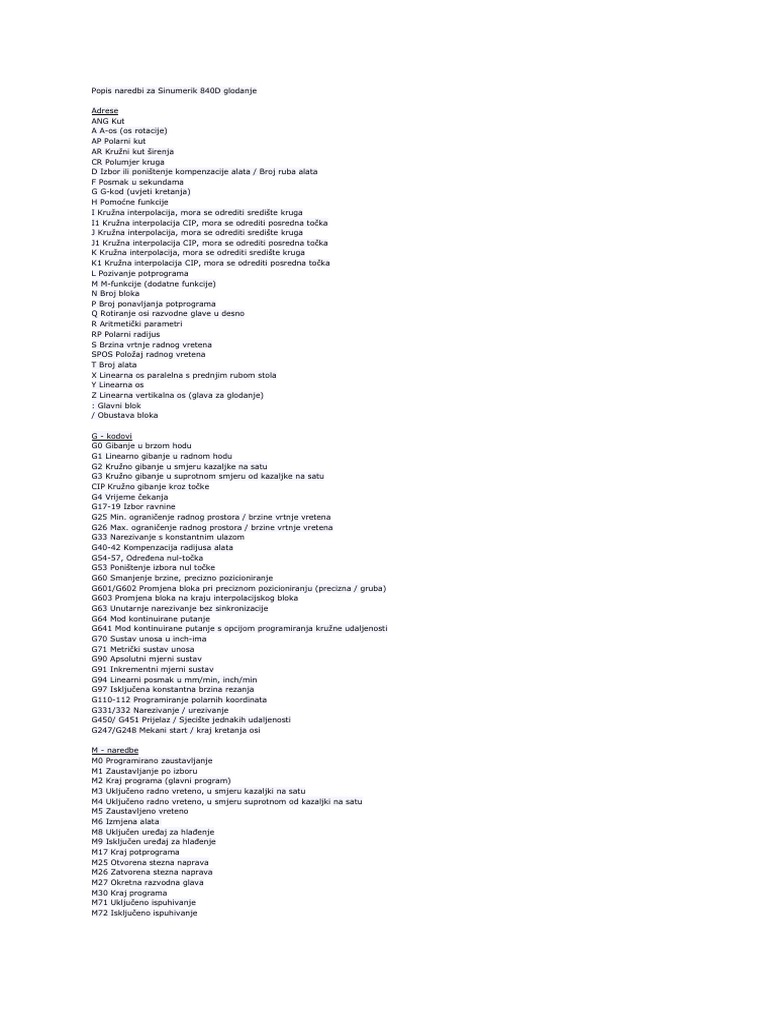 Popis Naredbi Za Sinumerik 840D Glodanje | PDF