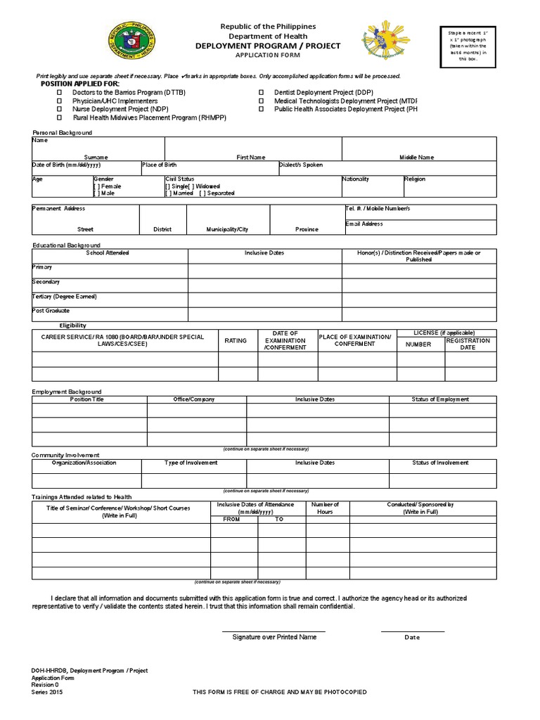 DOH Deployment Program Application Form | PDF | Physician | Health Care