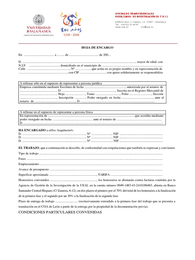 Modelo USAL Hoja de Encargo de Servicios Arquitectura | Arquitecto ...