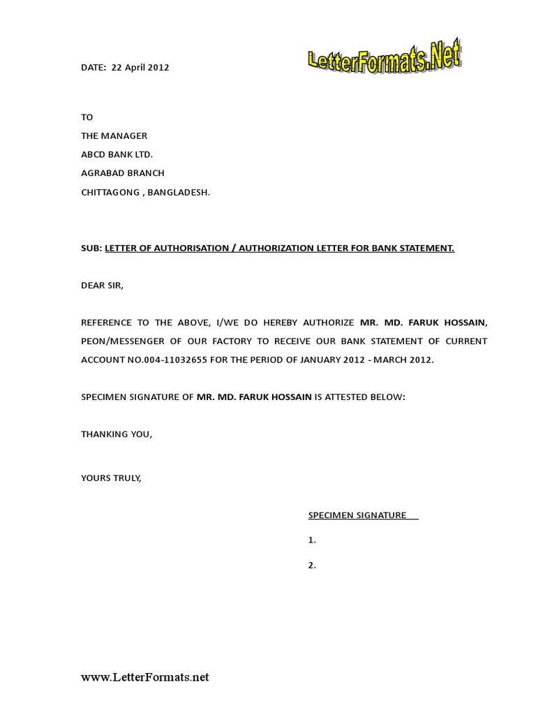 Authorisation Letter Format For Bank | PDF