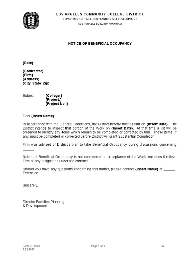 CC 0020 Notice of Beneficial Occupancy Rev 10-08-13 | PDF