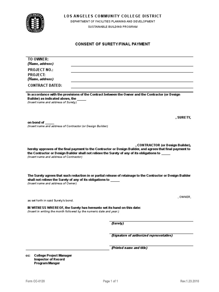 CC 0120 Consent of Surety Final Payment L | PDF