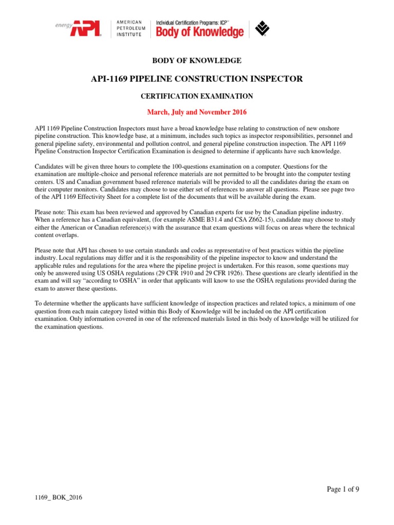 Api-1169 Pipeline Construction Inspector: Body of Knowledge | PDF ...