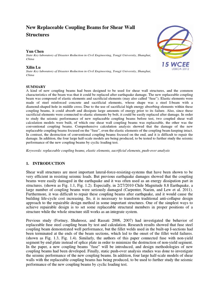 New Replaceable Coupling Beams For Shear Wall Structures: Yun Chen ...