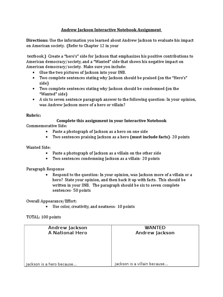 Andrew Jackson Hero or Villian Inb Station Assignment | PDF