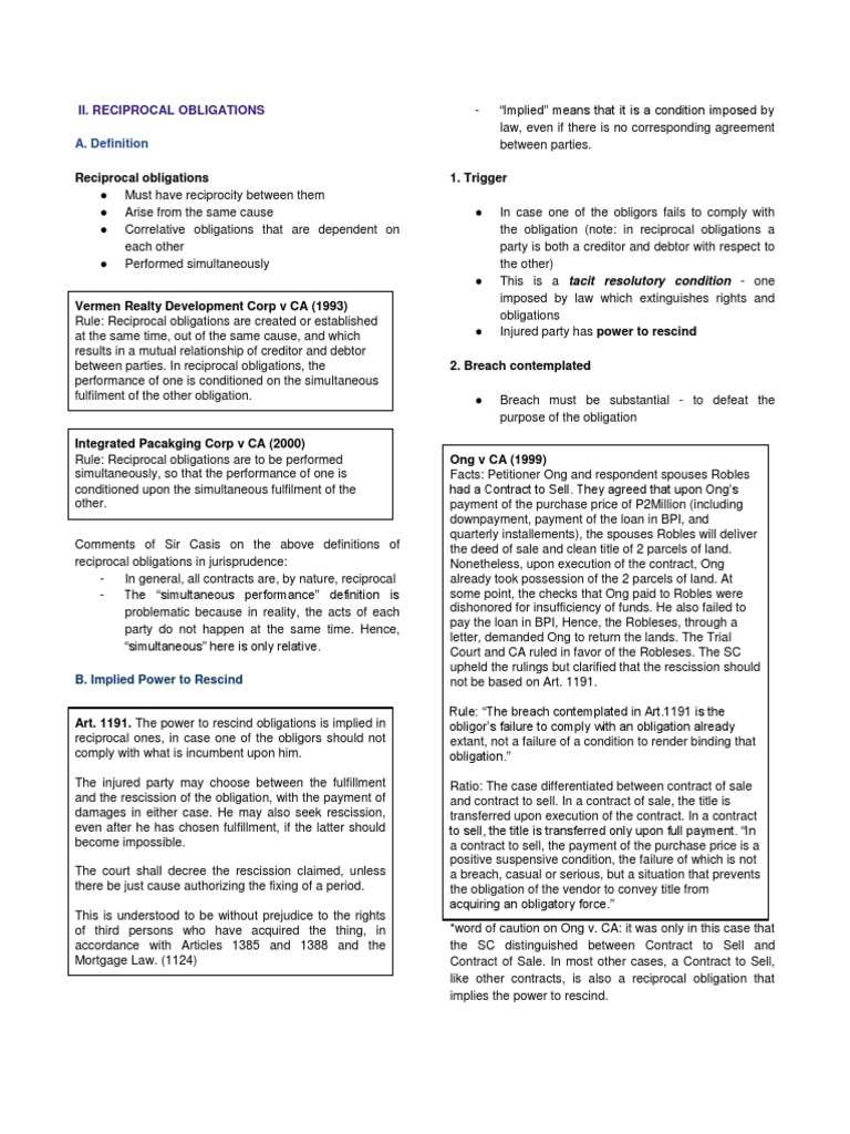 Reciprocal Obligations | PDF | Breach Of Contract | Damages