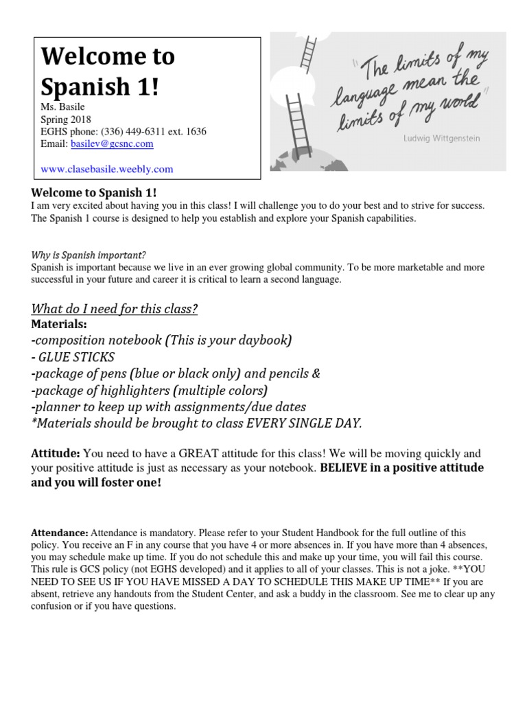 Spanish 1 Syllabus Block | PDF | Teachers | Schools