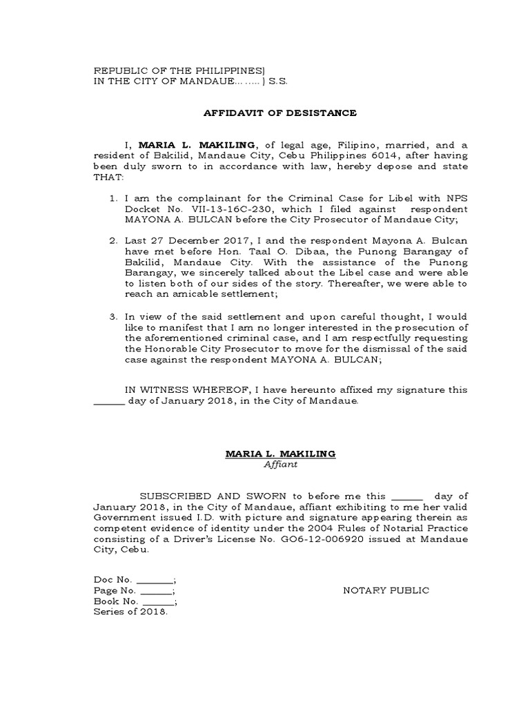Affidavit of Desistance | Download Free PDF | Affidavit | Crime & Violence