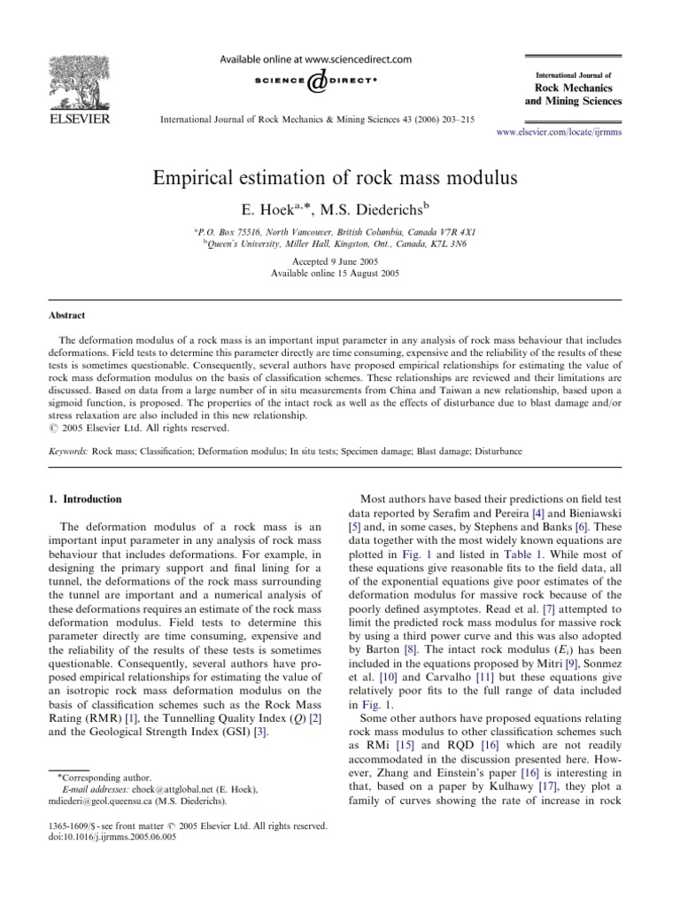 Empirical Estimation of Rock Mass Modulus PDF | PDF | Strength Of Materials | Elasticity (Physics)