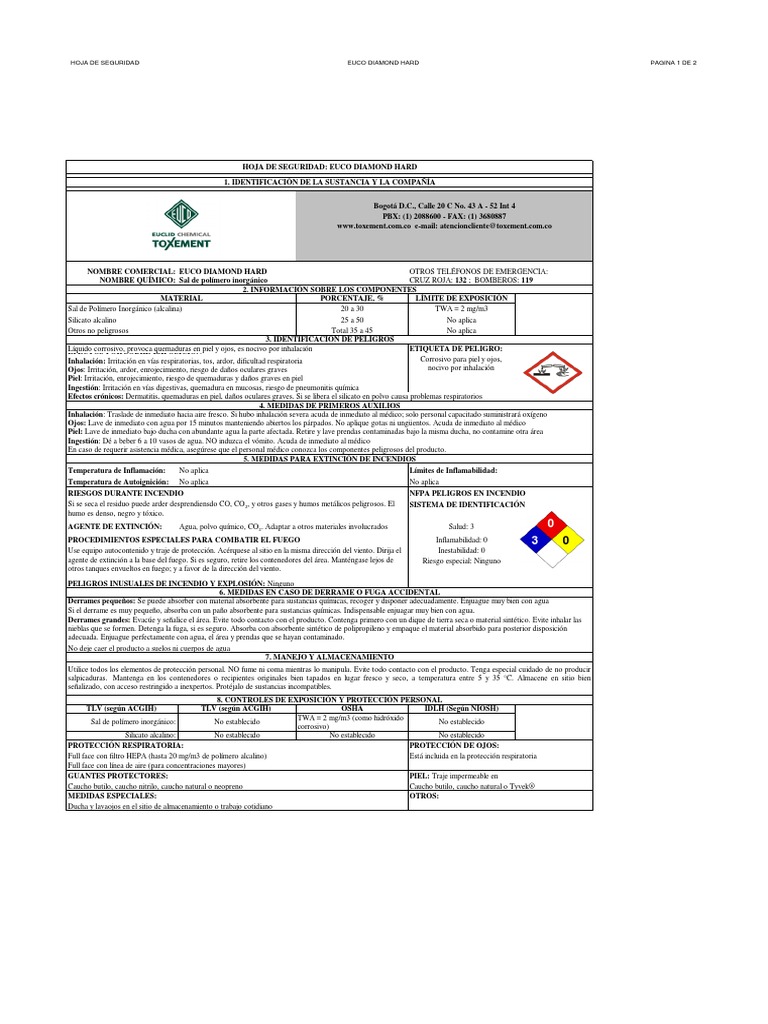 MSDS Euco Diamond Hard | PDF | Quemar | Agua