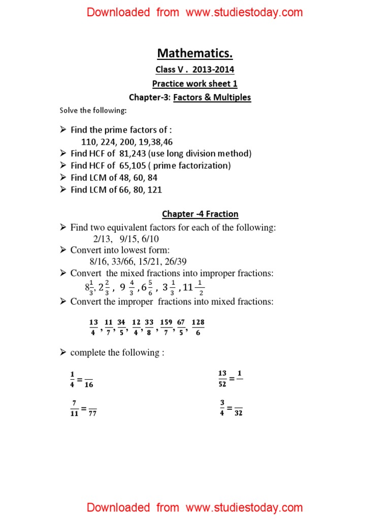 CBSE Class 5 Mathematics Worksheet - Factors and Multiples | PDF