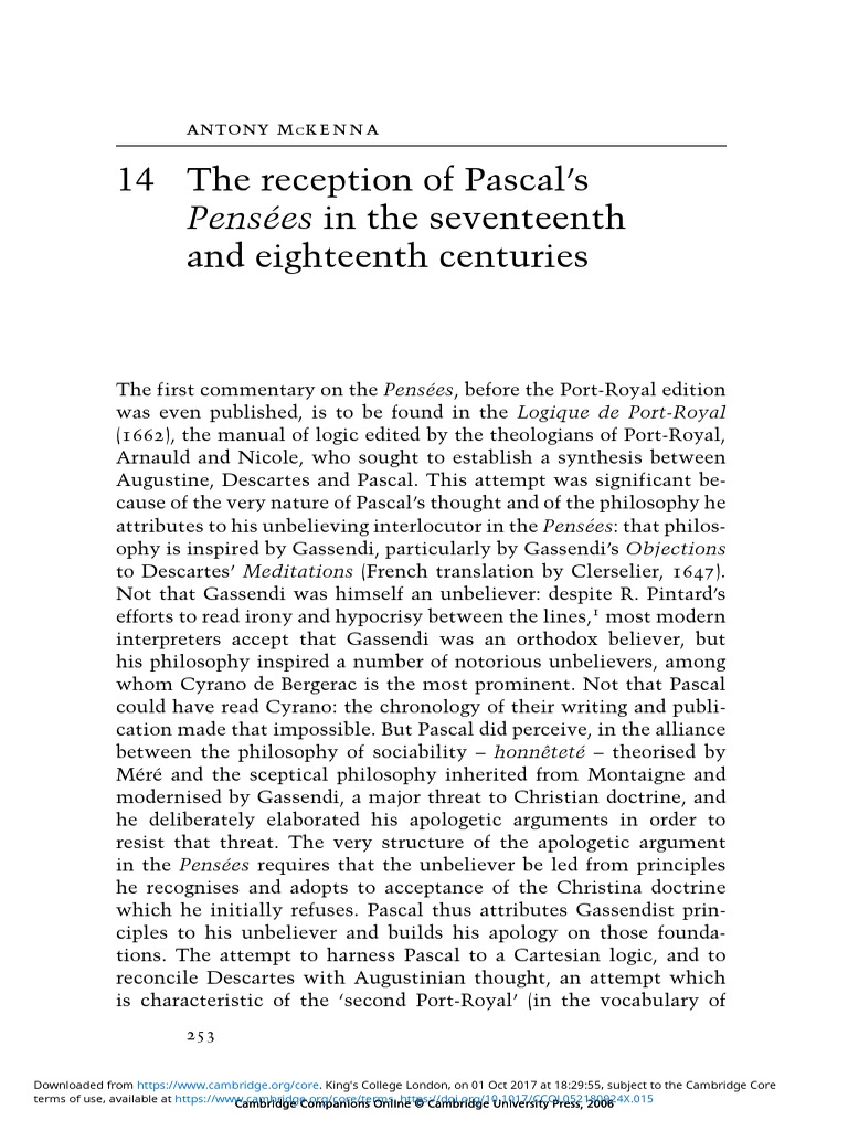 The Reception of Pascals Pensees in The Seventeenth and Eighteenth ...