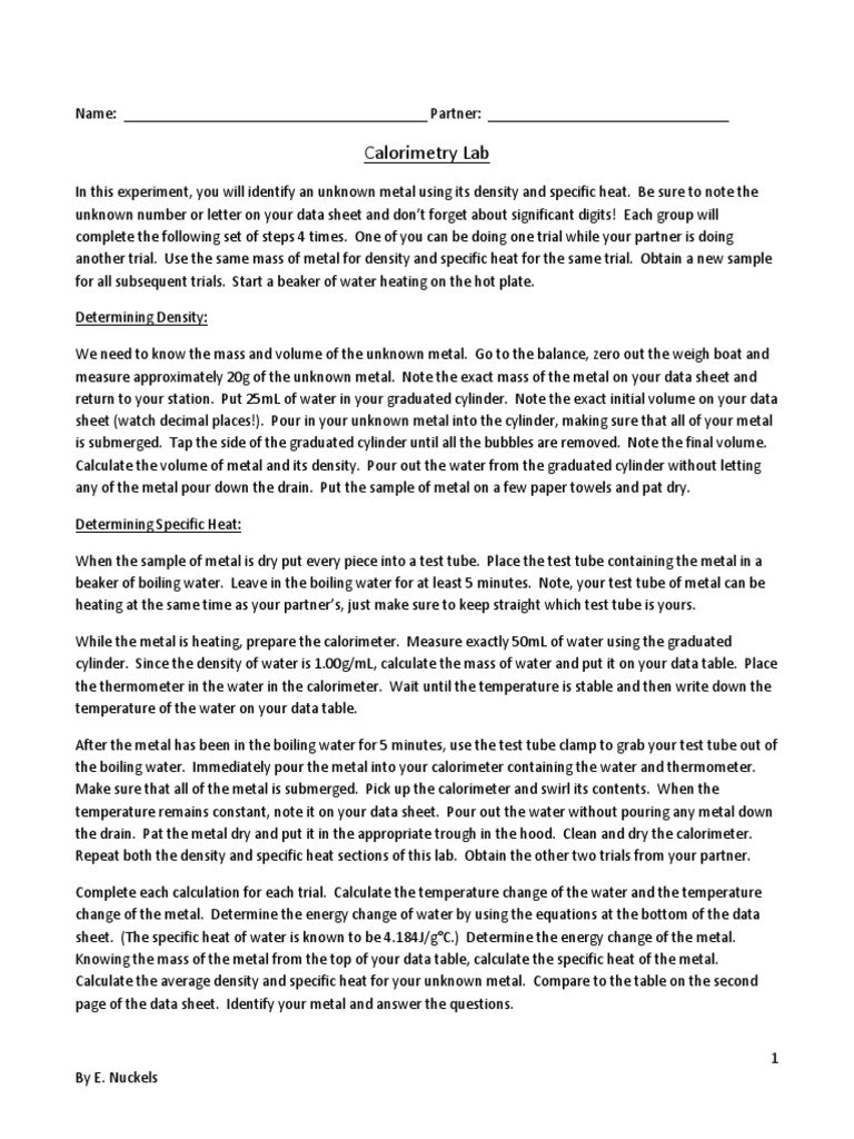 12 - Calorimetry Lab 1151 With Data Sheet | PDF | Calorimetry | Density