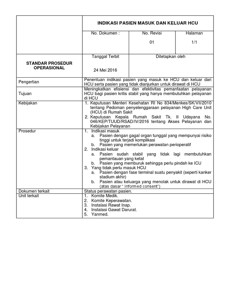 SOP Indikasi Pasien Masuk HCU | PDF