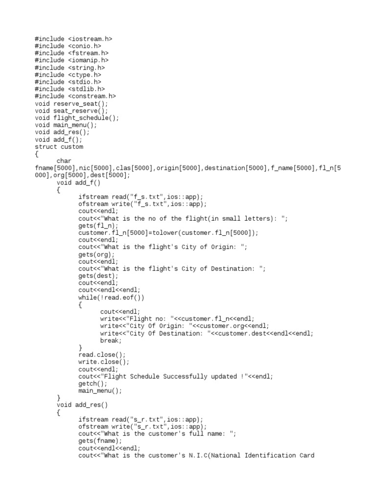 Flight Reservation System C++ Program | PDF | Ios | C++