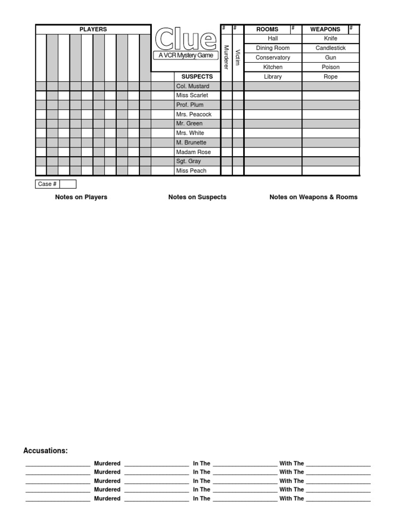Clue VCR Mystery Game Detective Factsheet | PDF