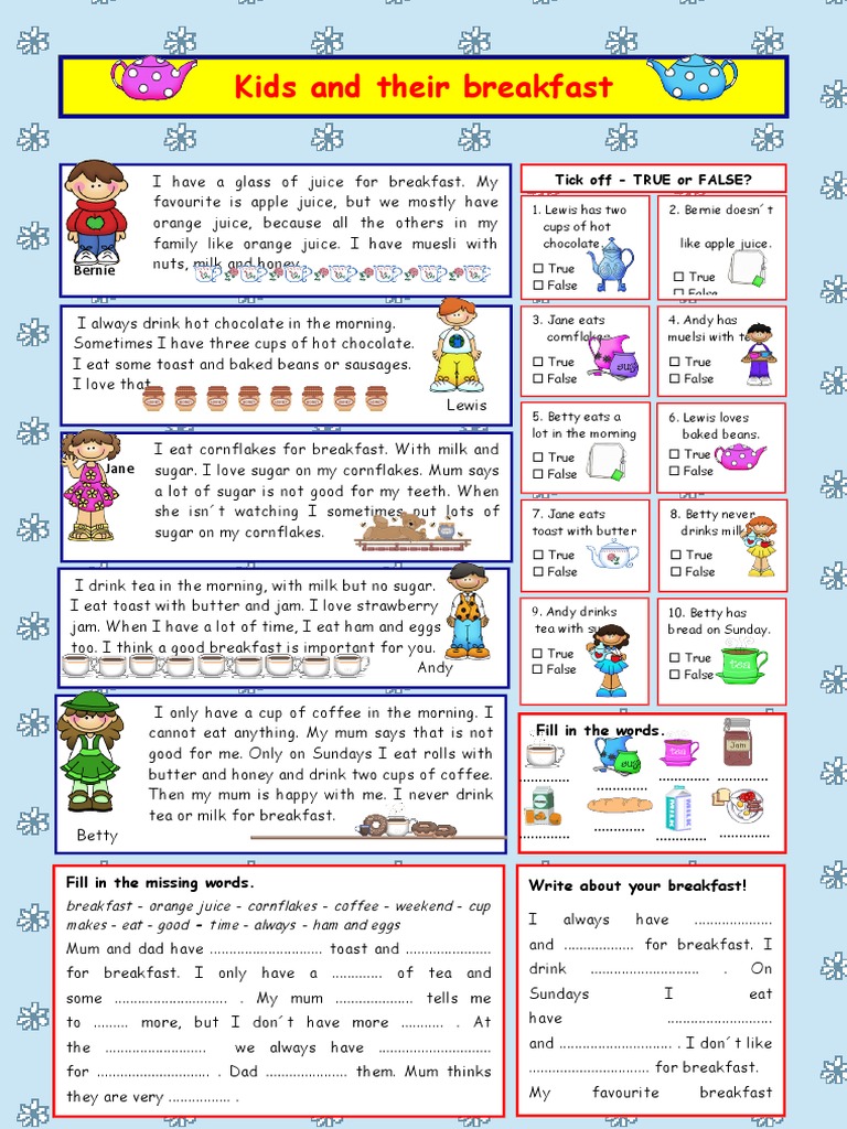 Kids and Their Breakfast Key Reading Comprehension Exercises 33885 ...