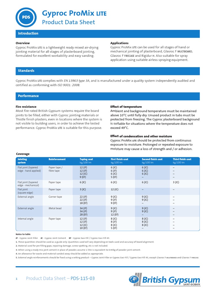 Pds Gyproc Promix Lite | PDF | Drywall | Materials