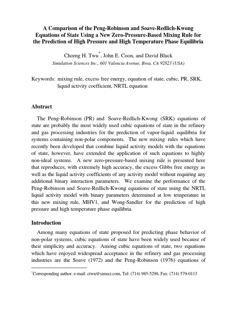 A Comparison of The Peng-Robinson and Soave-Redlich-Kwong Equations of ...