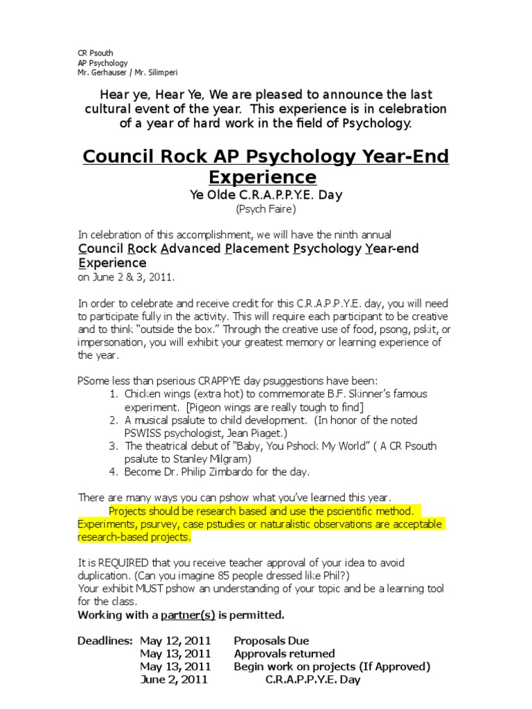 Council Rock AP Psychology Year-End Experience: CR Psouth AP Psychology ...