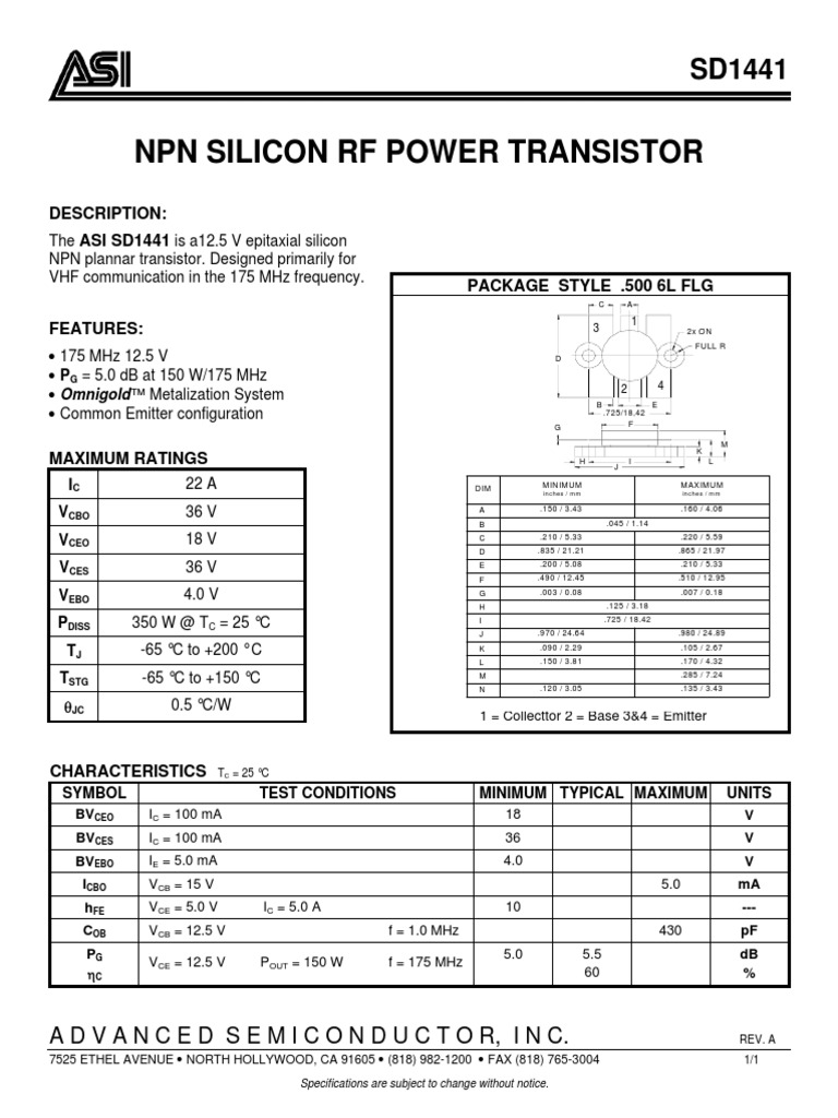 NPN Silicon RF Power Transistor: Description: ASI SD1441 Package Style ...