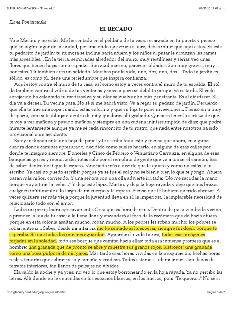 Elena Poniatowska El Recado | PDF