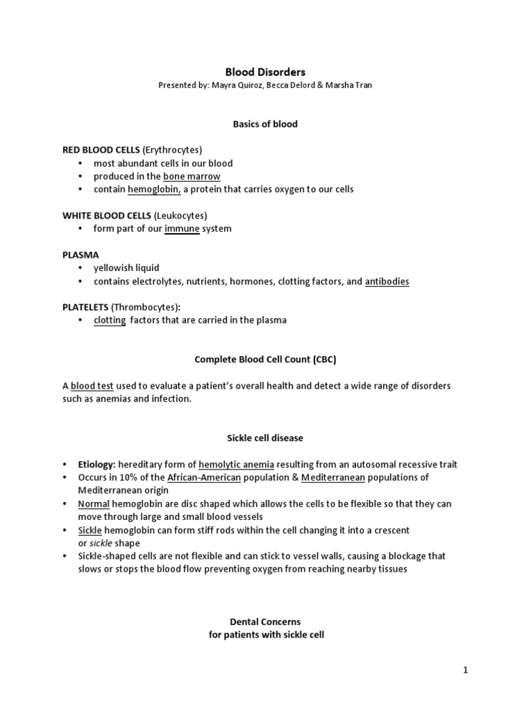 Blood Disorders - Notes | PDF | Sickle Cell Disease | Bleeding