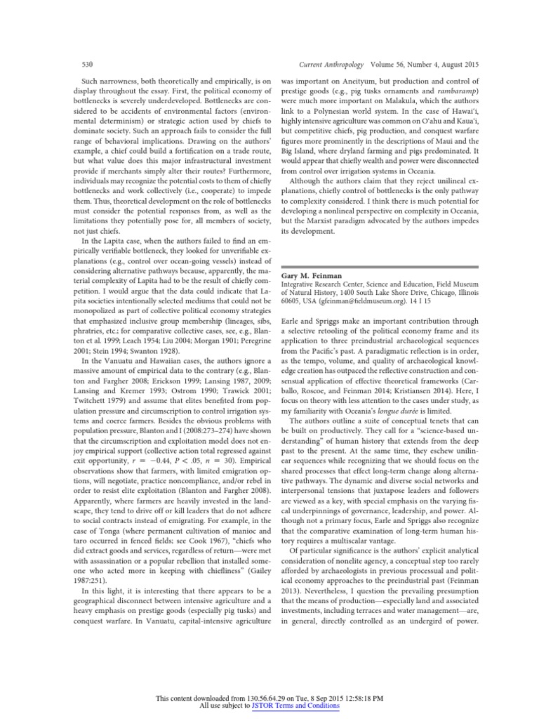 Comment Gary M. Feinman On Political Eco PDF | PDF | Marxism | Economies