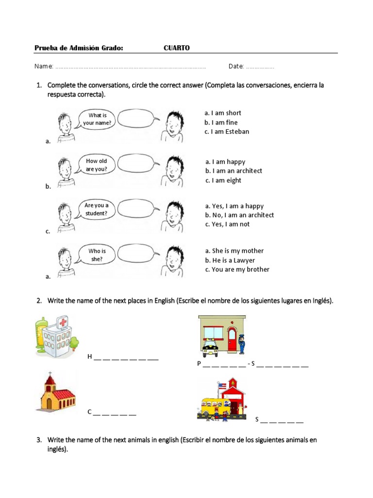 Prueba de Admision Grado Cuarto | PDF
