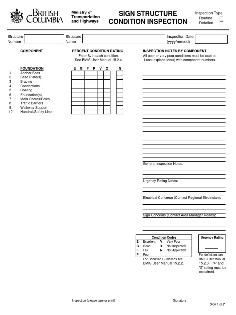 BC_MOT_Sign Structure Condition Inspection Form | Technology | Transport