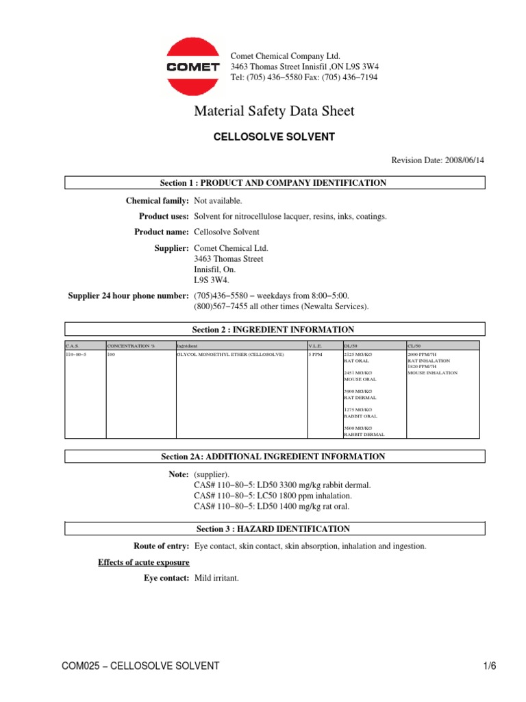 Material Safety Data Sheet: Cellosolve Solvent | PDF | Personal ...