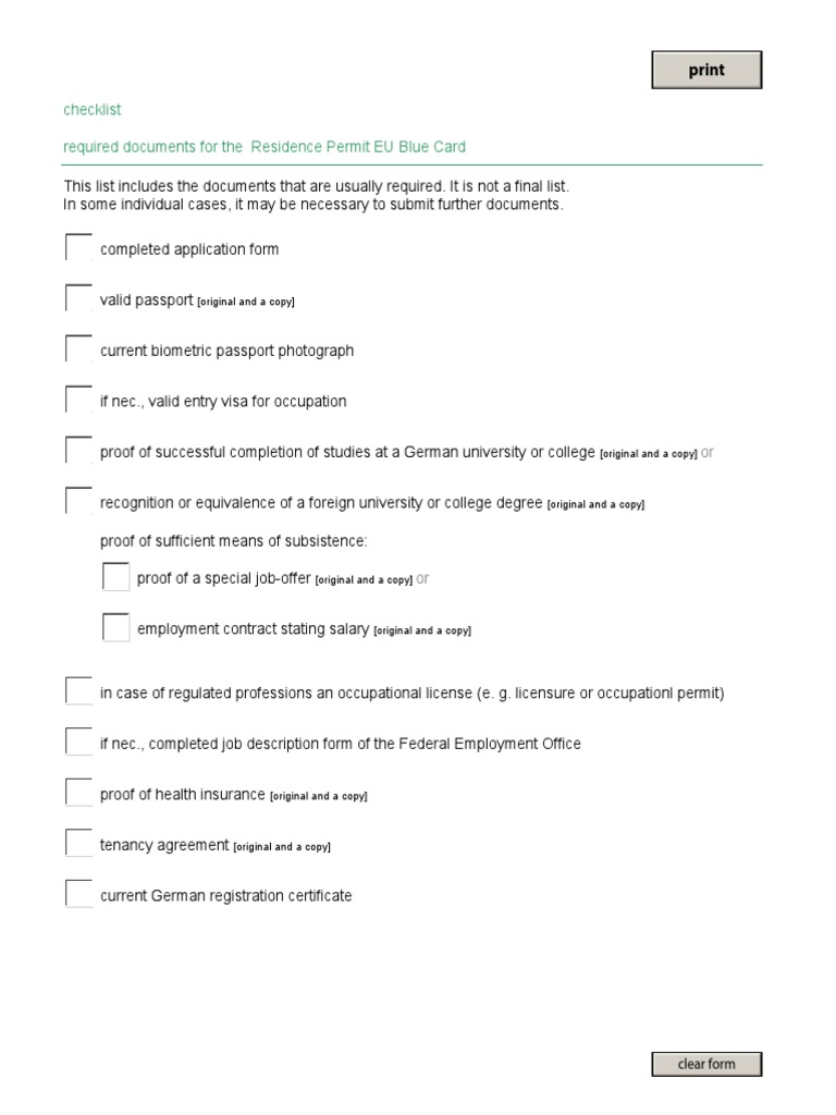 Blue Card Checklist | PDF
