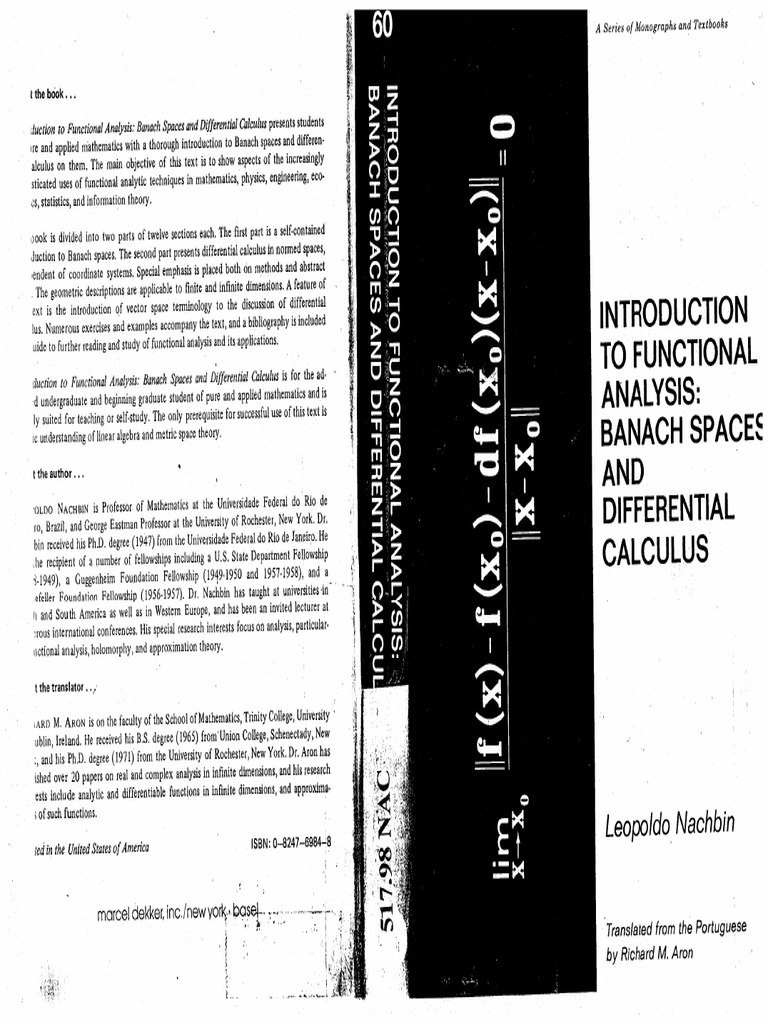 Leopoldo Nachbin Introduction To Functional Analysis Banach Spaces And Differential Calculus Pdf