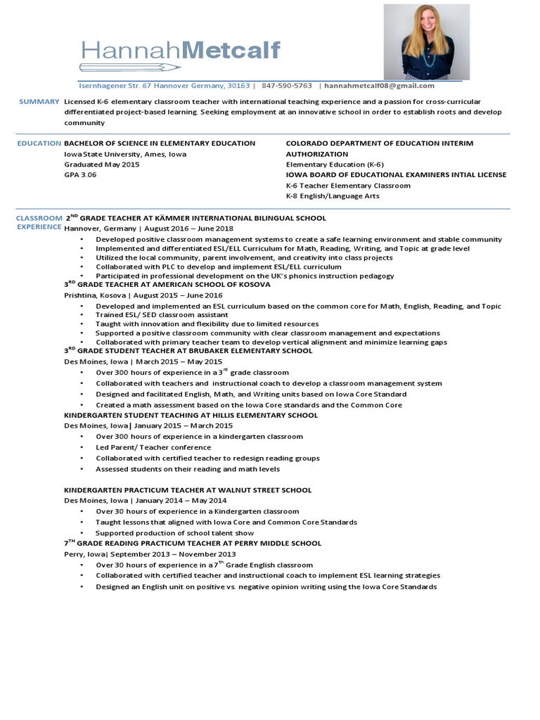 Hannah Metcalf Resume 2018 | PDF | English As A Second Or Foreign ...