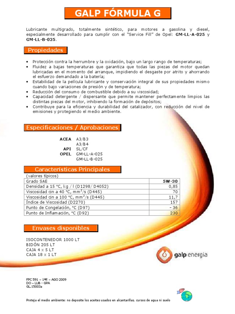Ficha Tecnica Galp Formula G Dx2 5w30 | PDF | Hogar, jardinería y bricolaje