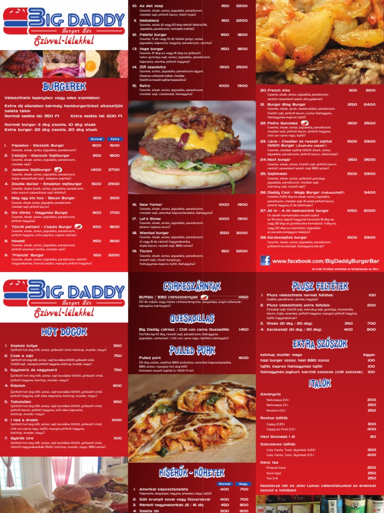 Big Daddy Burger Bár Budapest - 2018 Étlap | PDF
