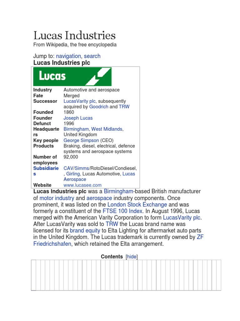 Lucas Industries PLC | PDF | Vehicle Manufacturers Of The United States ...