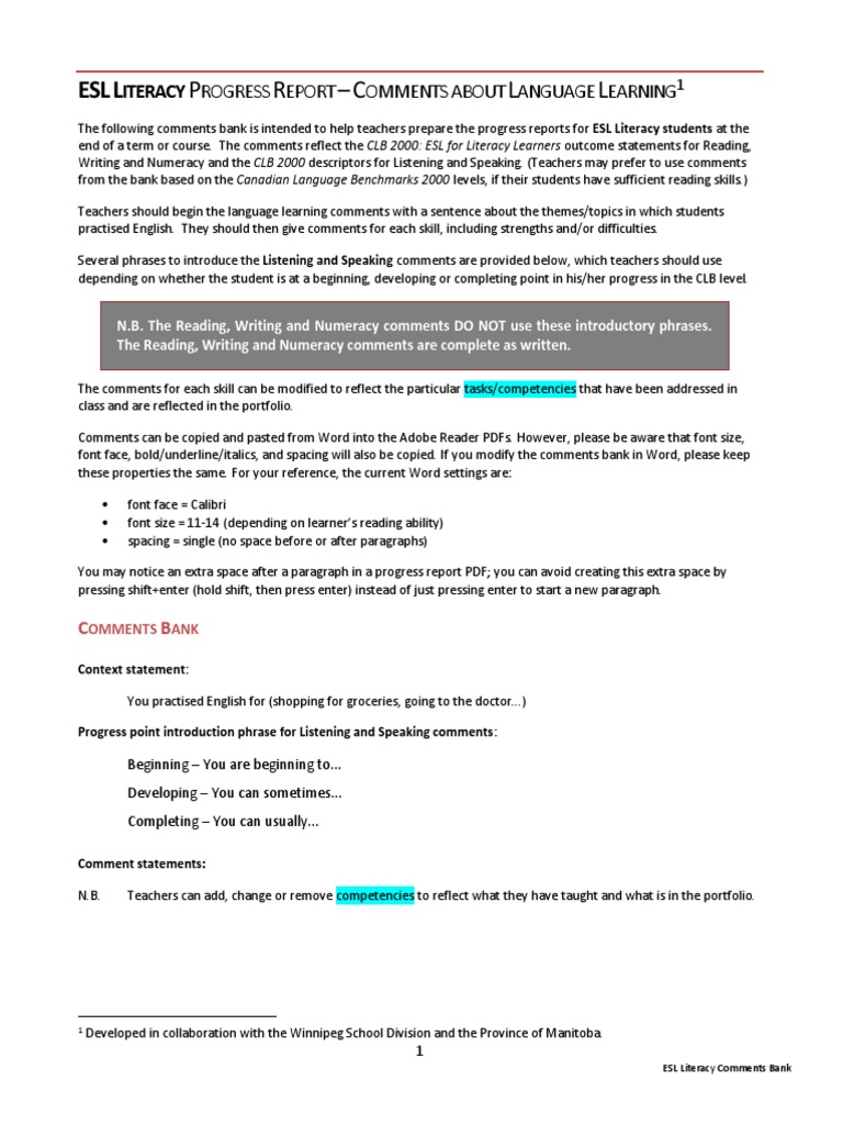 ESL Literacy Progress Report COMMENT BANK | PDF | Conversation ...