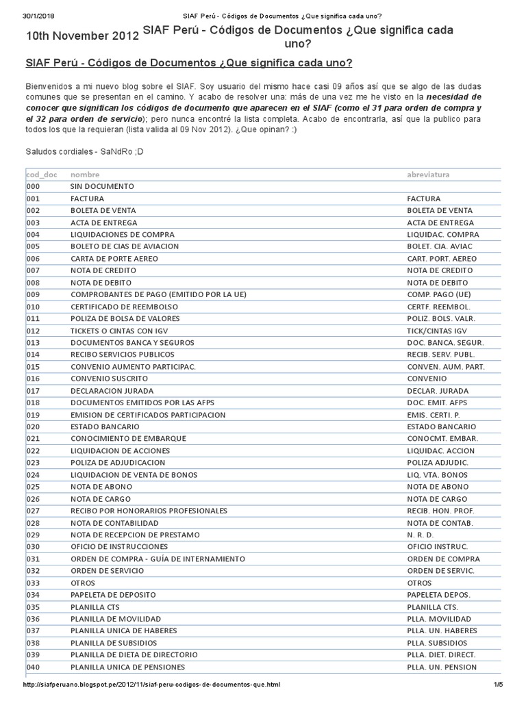 SIAF Perú - Códigos de Documentos ¿Que Significa Cada Uno - PDF | PDF