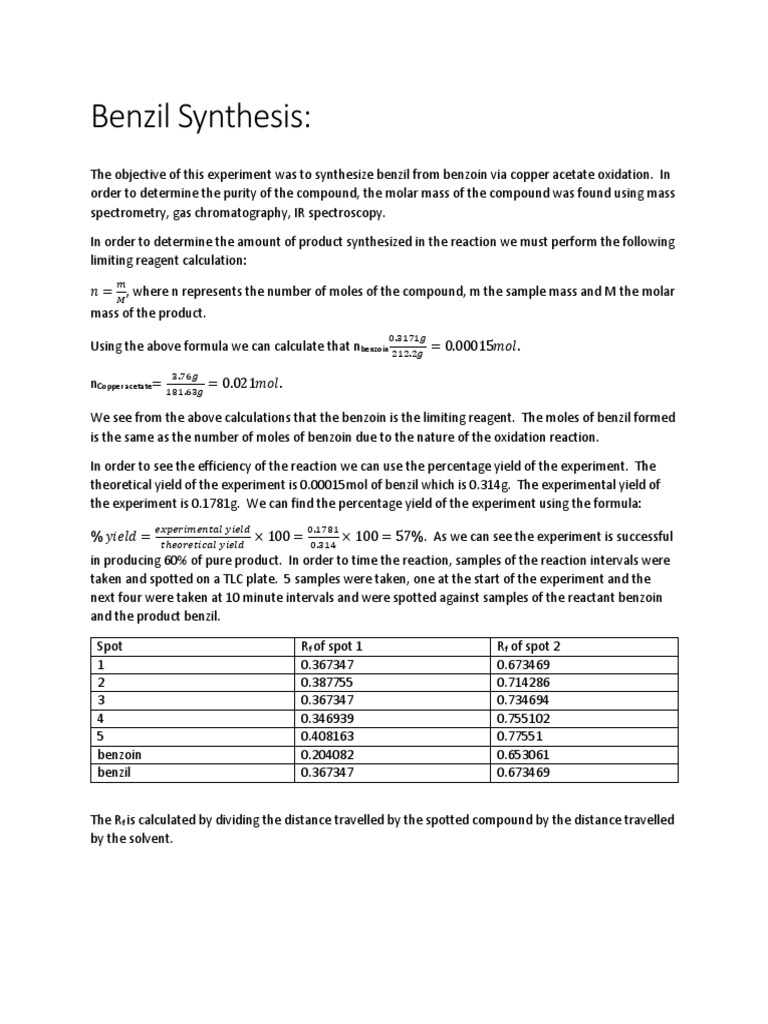 Benzil Synthesis | PDF | Mole (Unit) | Chemical Reactions