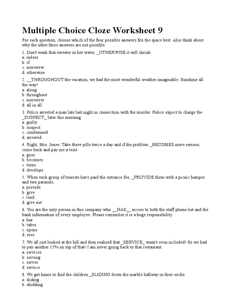 Multiple Choice Cloze, Open Cloze, Vocabulary Formation, and Key Word ...