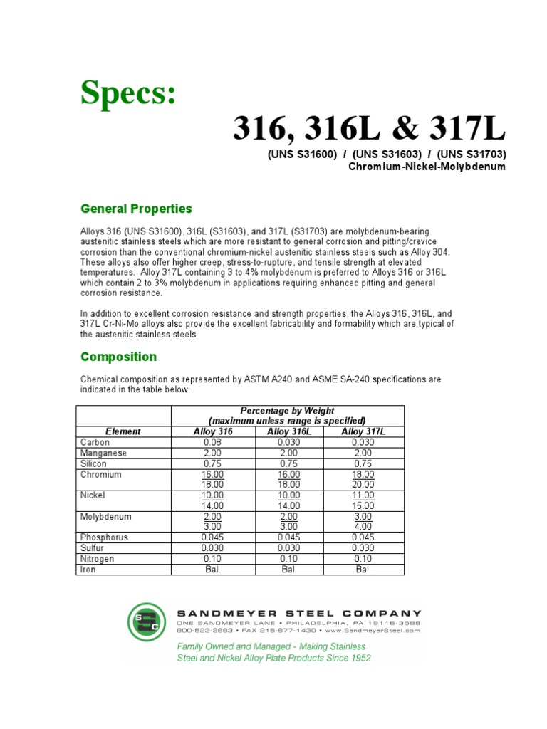 316 316L 317L Spec Sheet | Download Free PDF | Stainless Steel ...