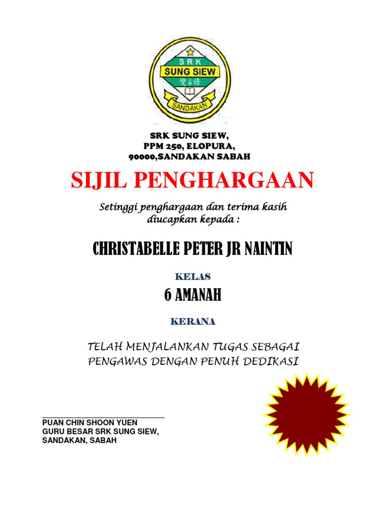 Contoh SIJIL TAHUN 6 | PDF