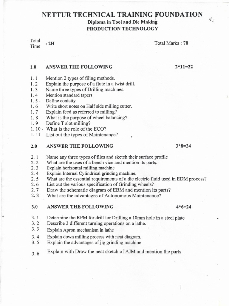 Production Technology Exam Paper | PDF | Machining | Cutting Tools