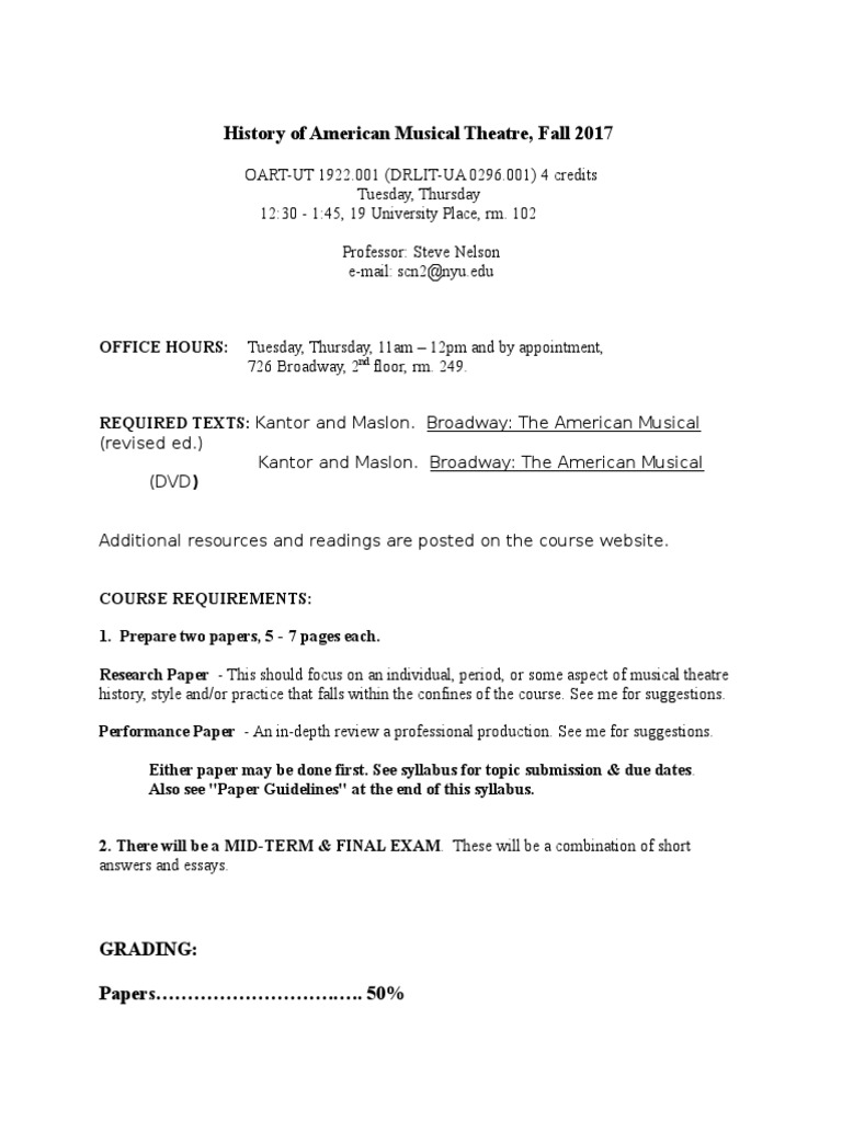 History of American Musical Theatre, Fall 2017 | PDF | Musical Theatre ...