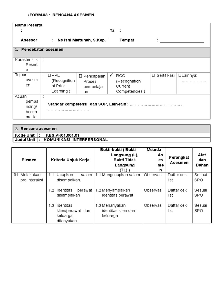 Form 03 Rencana Asesment | PDF