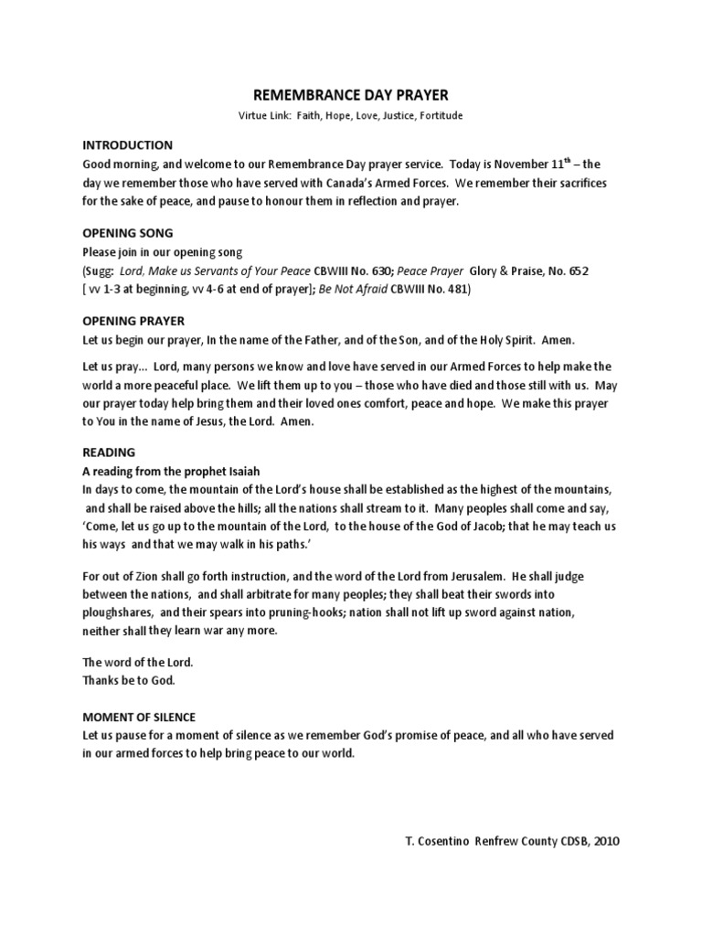 Remembrance Day Prayer: Virtue Link: Faith, Hope, Love, Justice ...