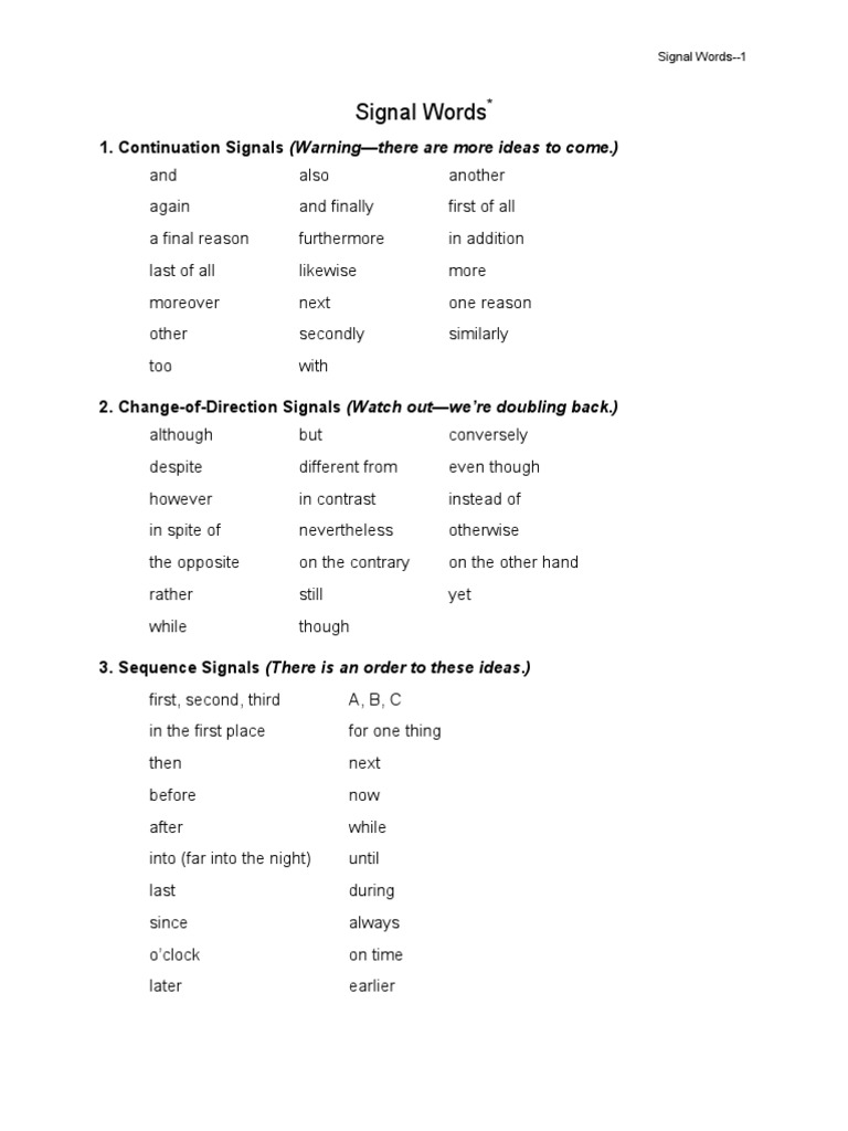 Signal Words: 1. Continuation Signals (Warning-There Are More Ideas To ...