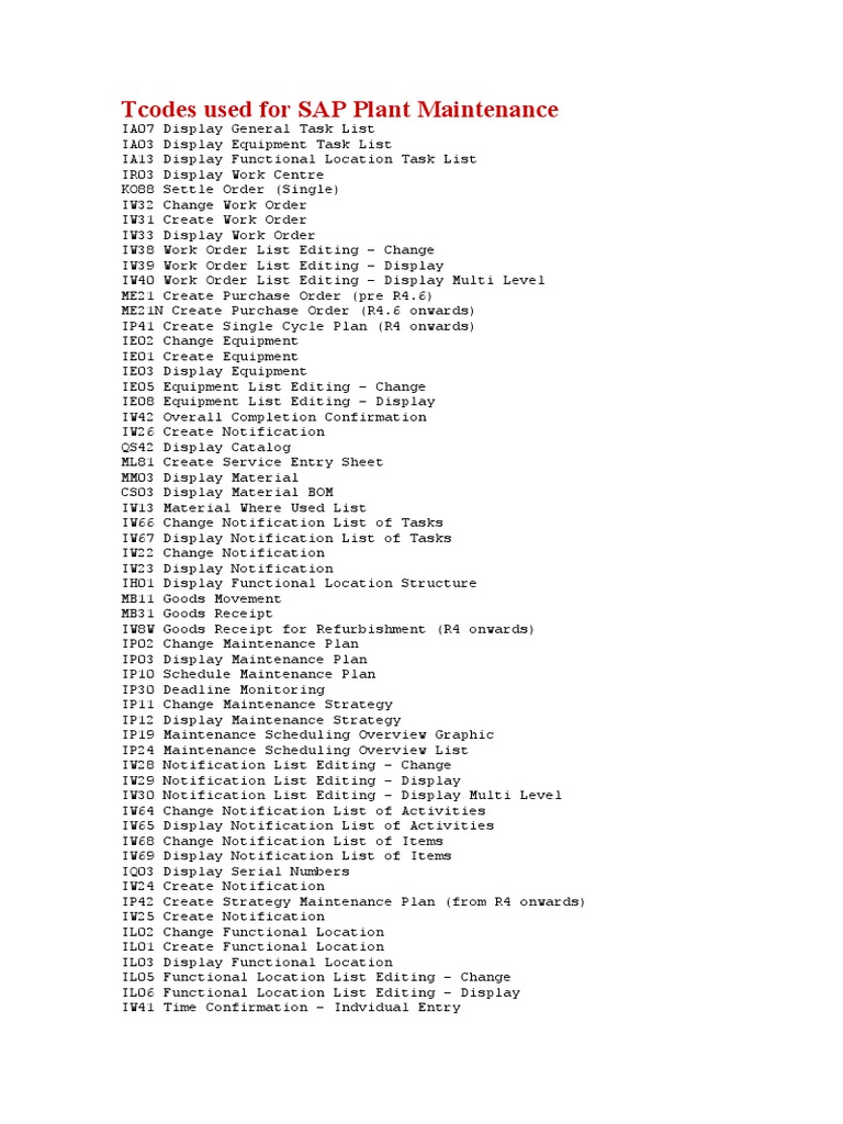 Tcodes Used For SAP Plant Maintenance | PDF | Business | Computing