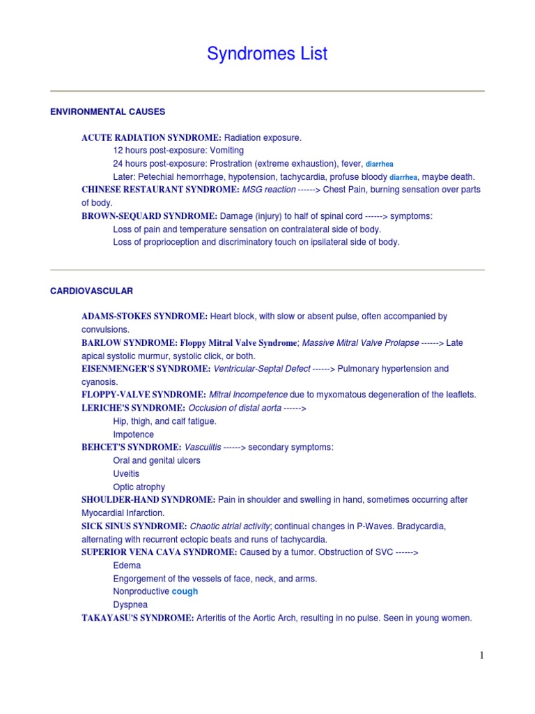 Syndromes List | PDF | Esophagus | Pulse